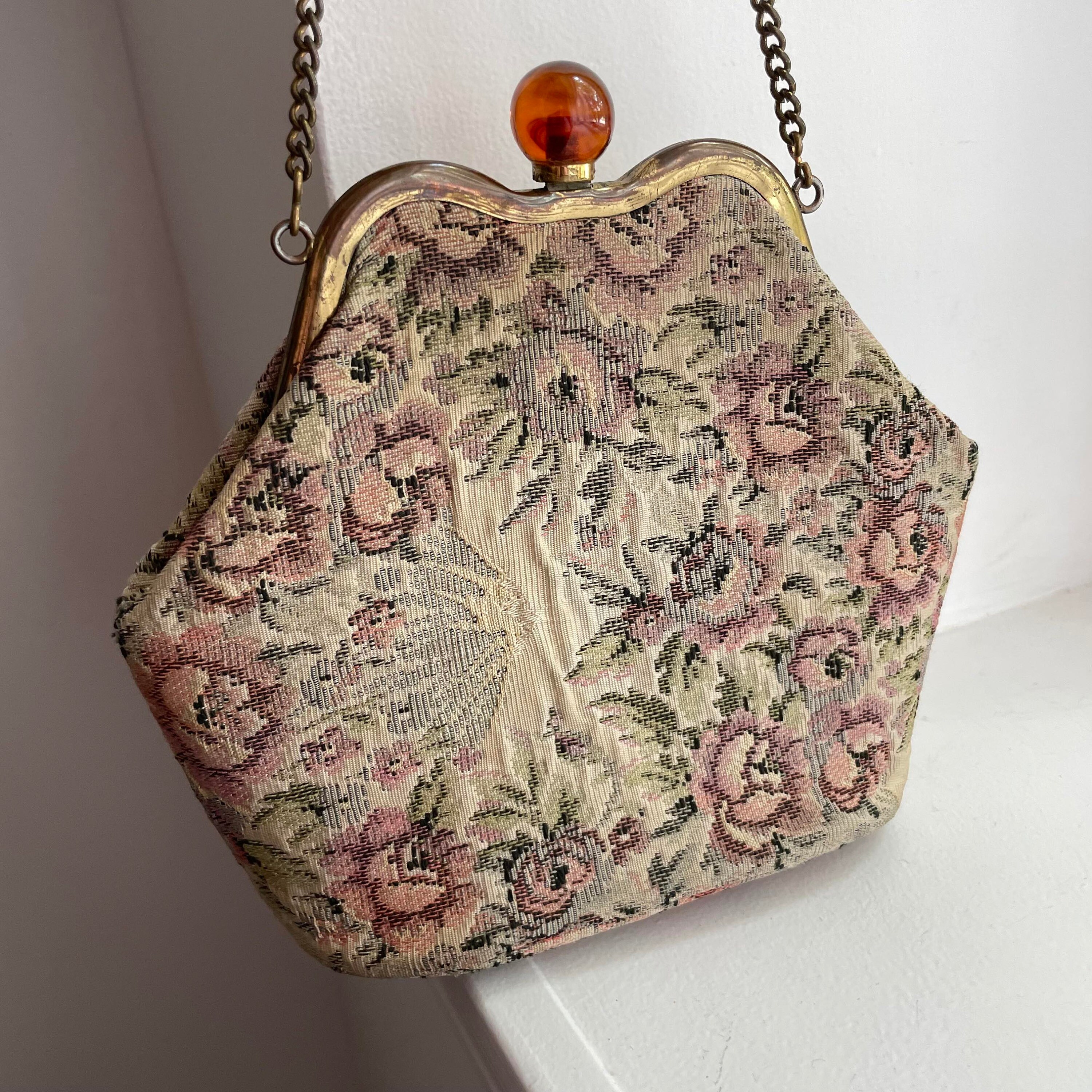 Vintage Floral Tapestry Purse With Bakelite Knob, Flower Purse, Small ...
