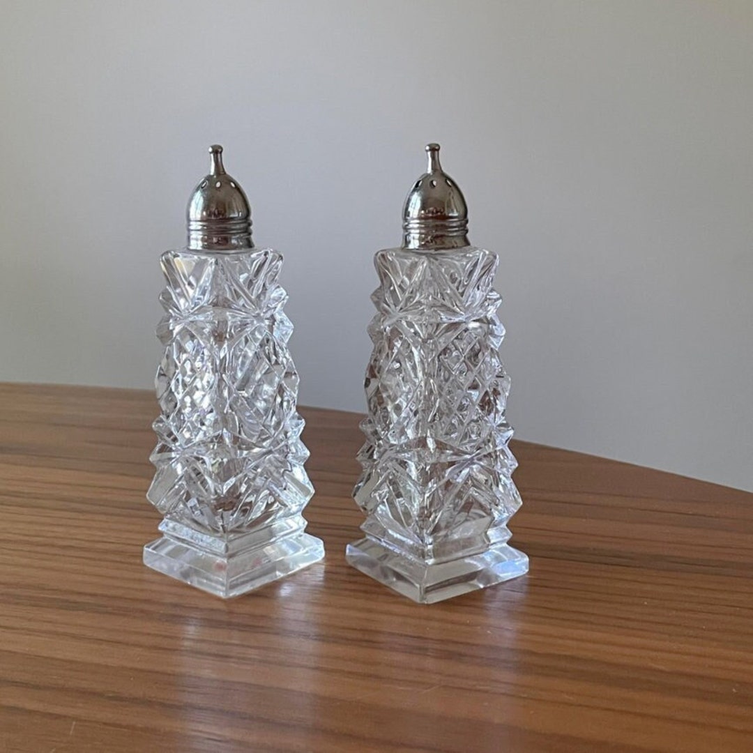 Clear Cut Glass Salt and Pepper Shaker Set, Heavy Footed Vintage Glass ...