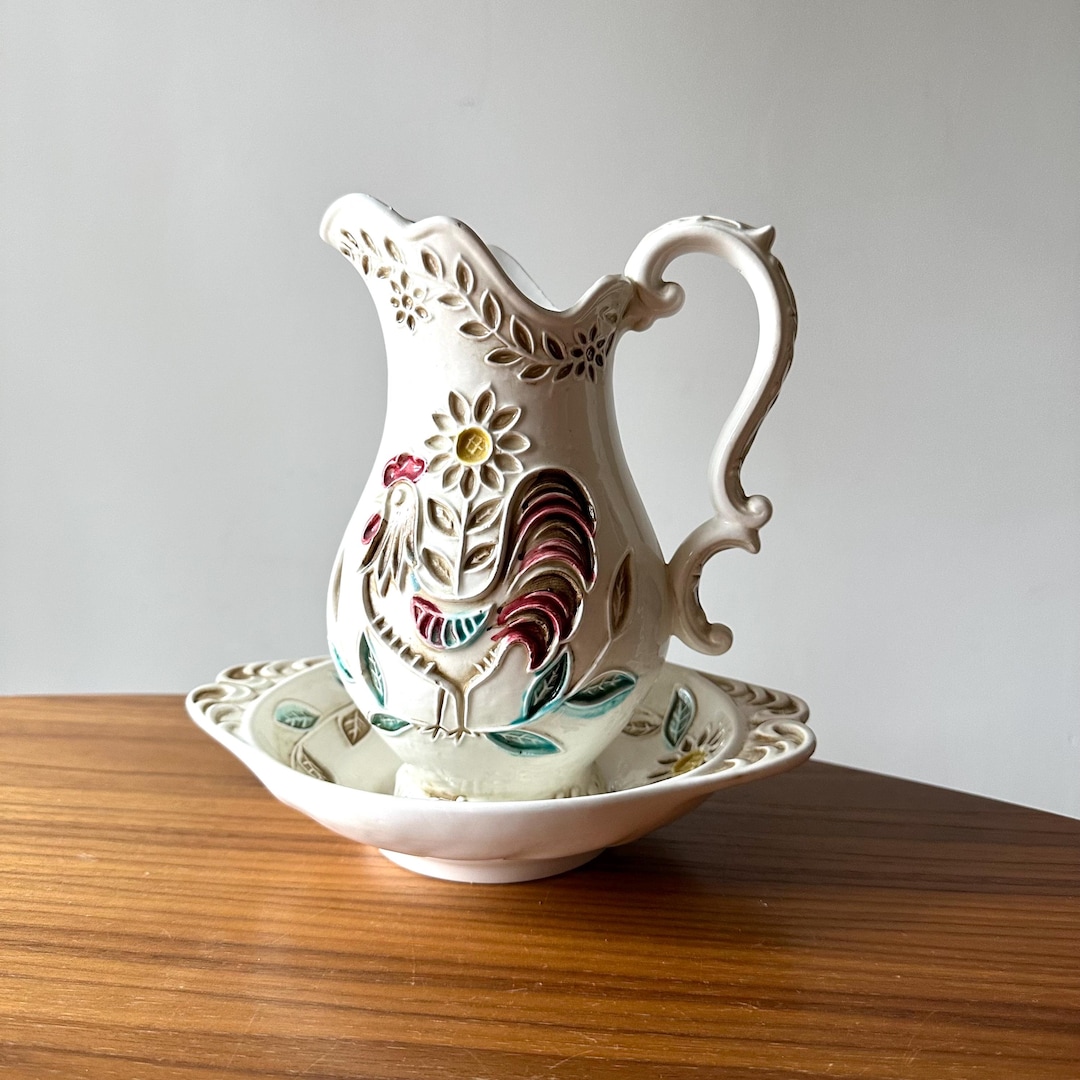 1960s Floral Mod Ceramic Pitcher and Bowl, NAPCOWARE, Rooster Pitcher ...