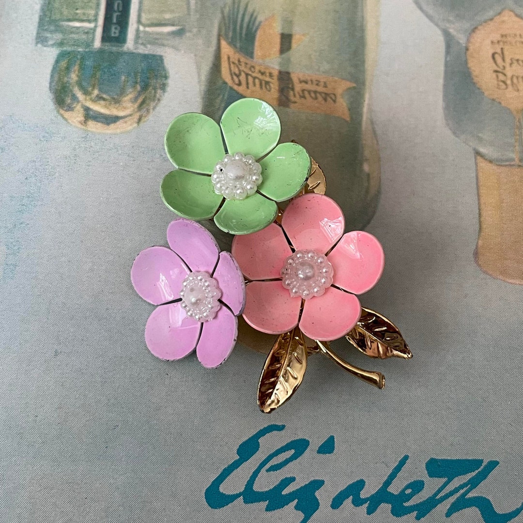 1950's Enameled Flower Brooch, Pink Flower, Flower Jewelry, Metal ...