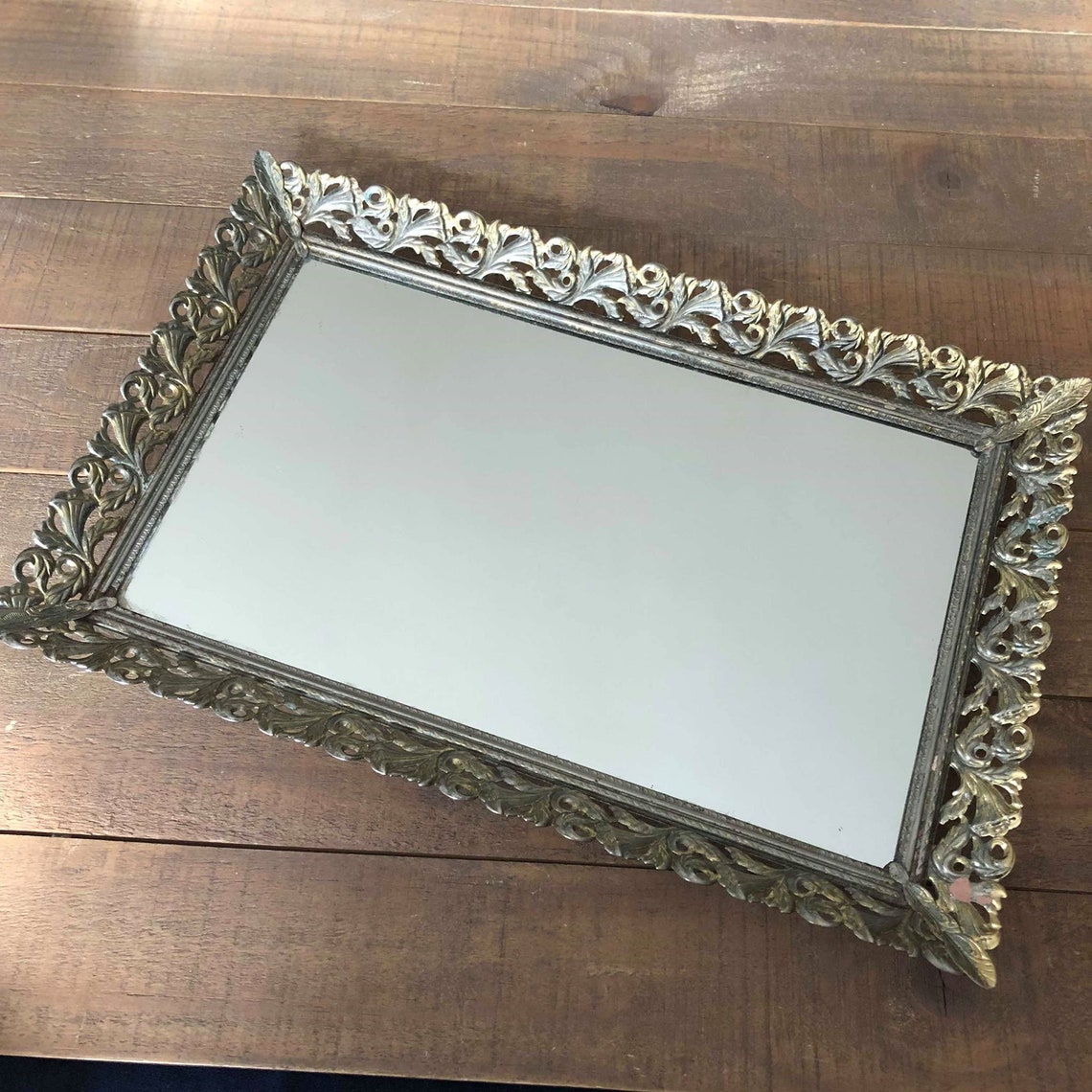 Vintage Rectangle Mirror Tray Gold Tone Filigree Vintage - Etsy