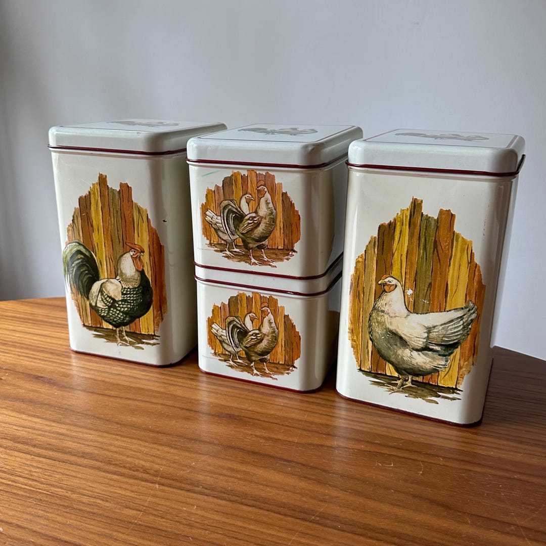 Vintage Kitchen Canisters, Set of Four, Chicken Canisterd, Metal ...