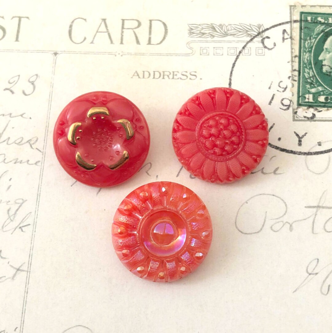 Red Floral Czech Glass Buttons, Set of Three - Etsy