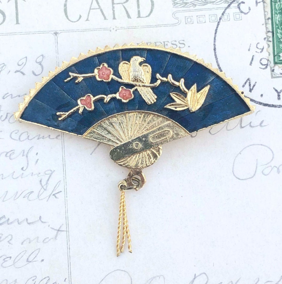 Bird Fan Brooch, Vintage Gold Tone Bird Brooch, Blue Crystal Brooch ...