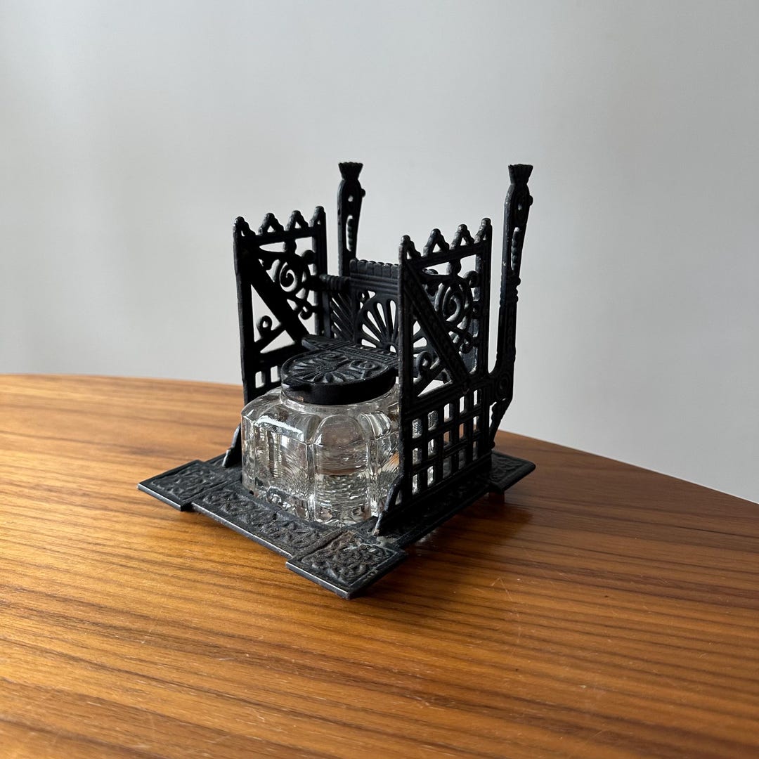Eastlake Victorian Black Iron Inkwell: Cast Iron and Crystal Well ...