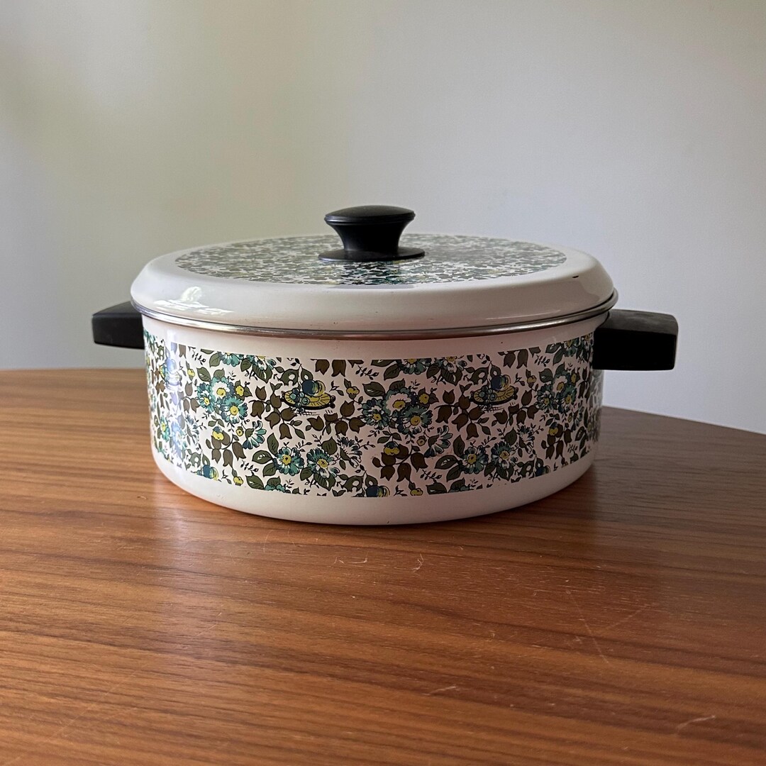 Vintage Enamel Pot With Lid, Vintage Floral Pot, Floral Casserole Dish ...
