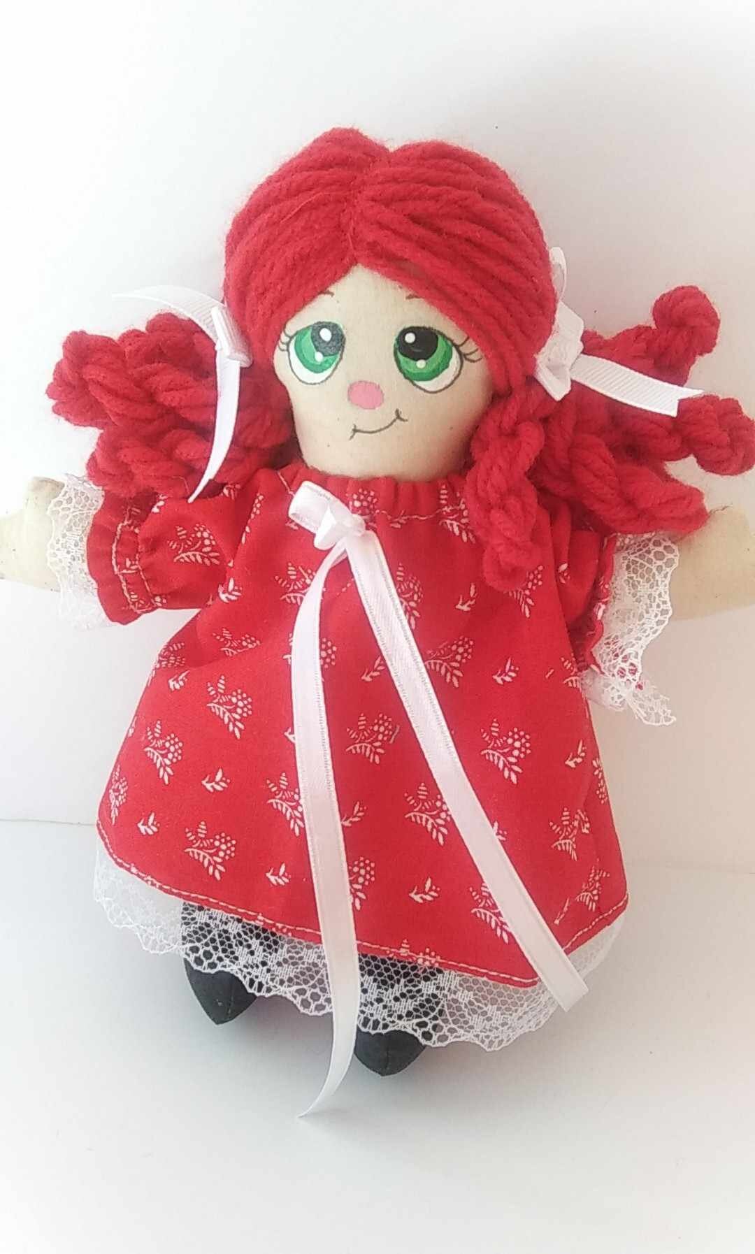 Mini 8 Inch Rag Doll Red Yarn Hair Green Eyes Raggie Cloth Collectible ...
