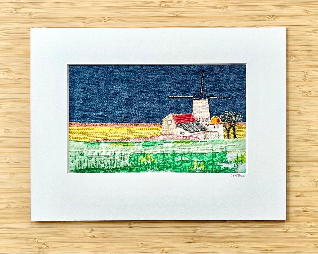 Windmill Textile Art - Dutch Landscape Artwork - Hand Embroidery ...