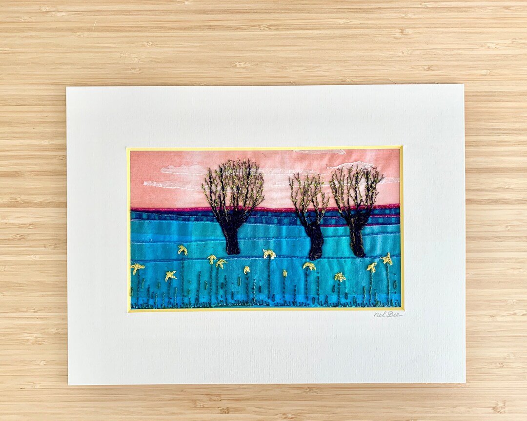 Pink Textile Artwork - Landscape Embroidery Art - Stitch Art - Dutch ...