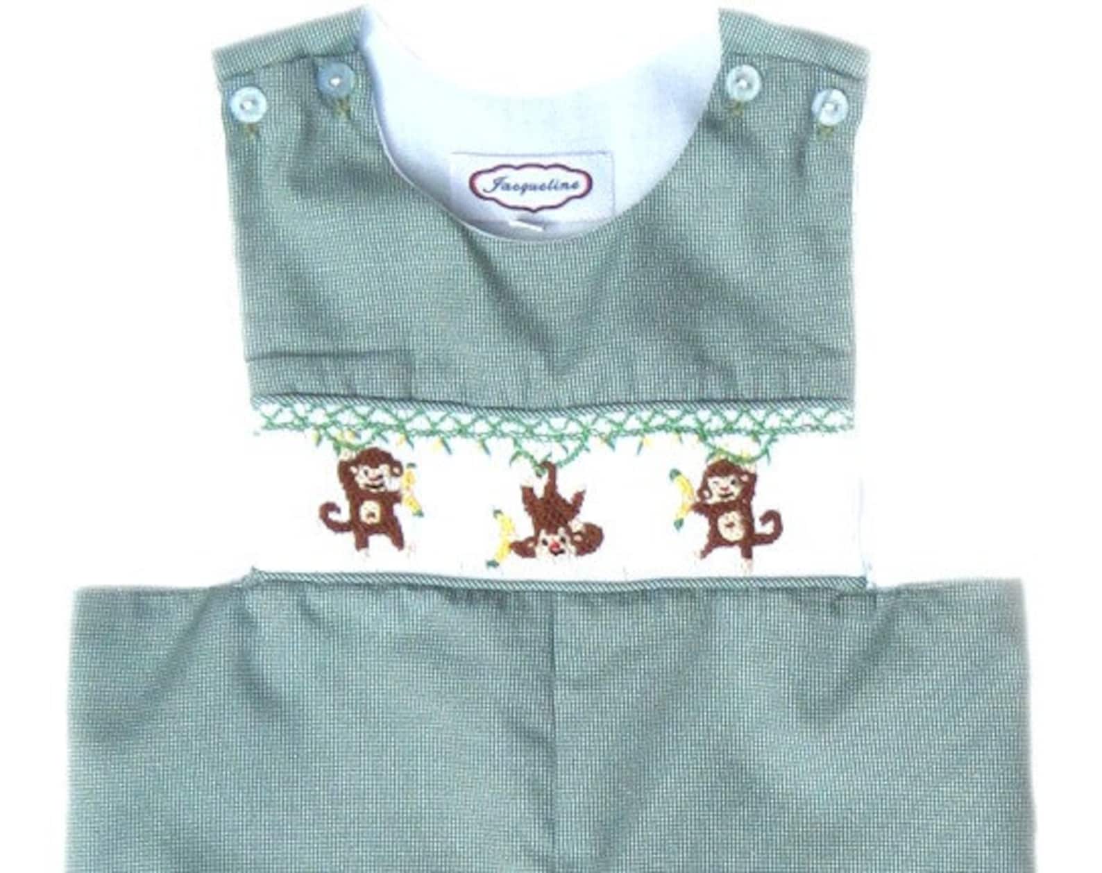 Hand Smocked Boy's Green Gingham Checked Swinging Monkeys Longall Jon ...