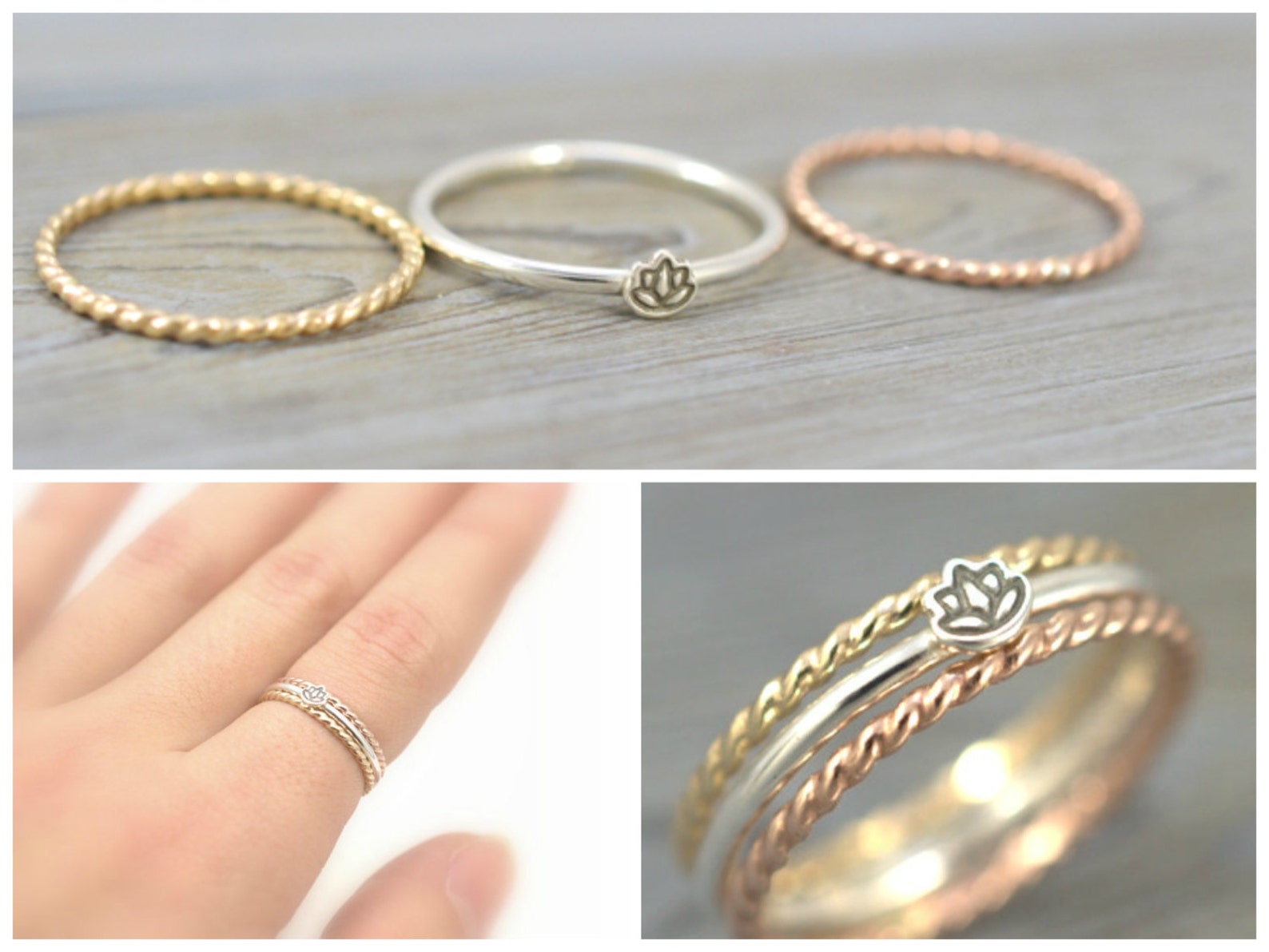 Lotus Flower Ring Tri-color Narrow Rings Dainty Lotus - Etsy