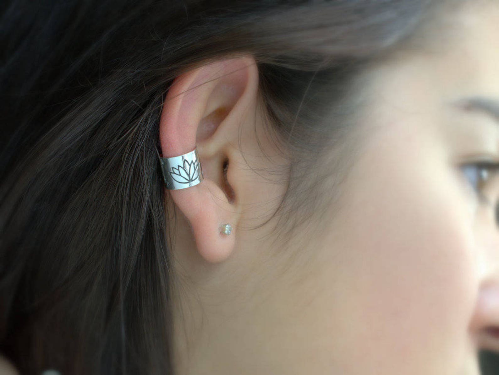 Wide Silver Cartilage Cuff | Unisex Lotus Zen Mandala Jewelry | Non ...