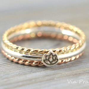 Lotus Flower Ring, Tri-color Narrow Rings, Dainty Lotus Stacks, Gold ...