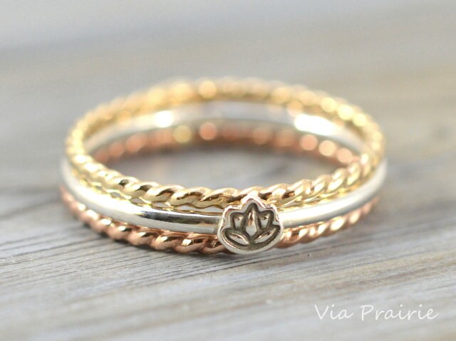 Lotus Flower Ring Tri-color Narrow Rings Dainty Lotus - Etsy