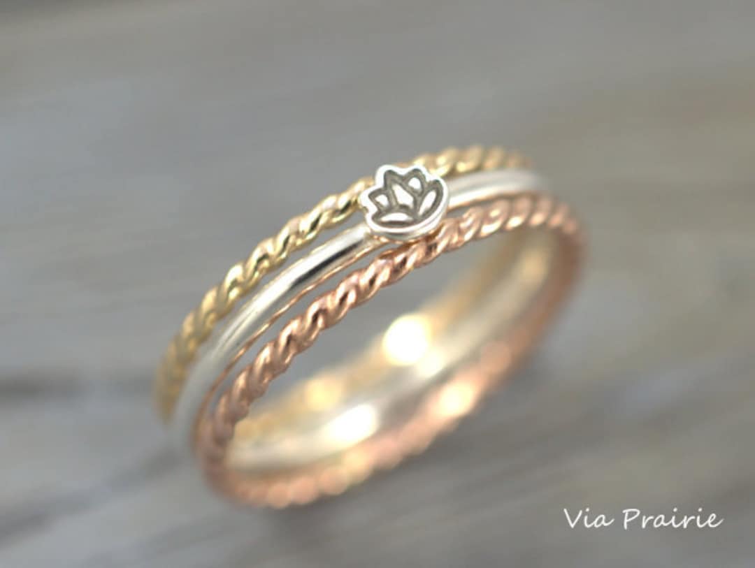 Lotus Flower Ring, Tri-color Narrow Rings, Dainty Lotus Stacks, Gold ...