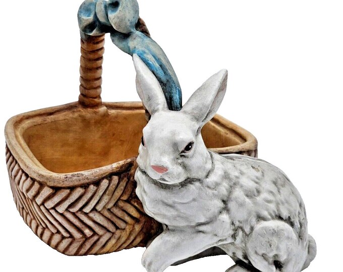Vintage Heavy Pottery Bunny Rabbit Bonnet Bow Handle Basket Planter ...