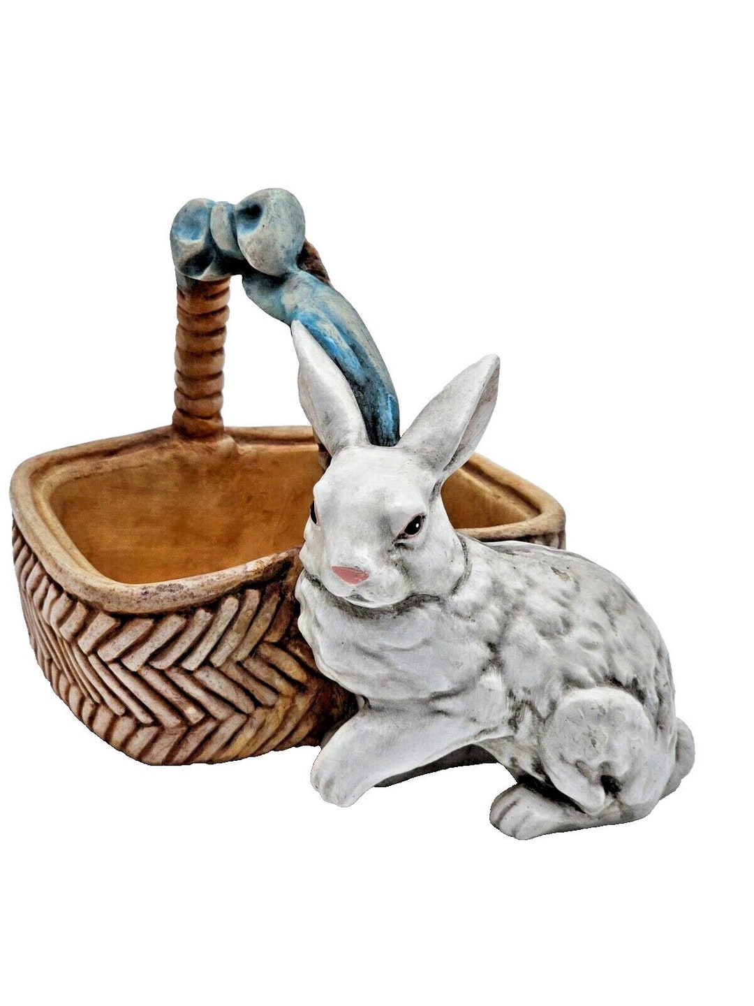Vintage Heavy Pottery Bunny Rabbit Bonnet Bow Handle Basket Planter ...