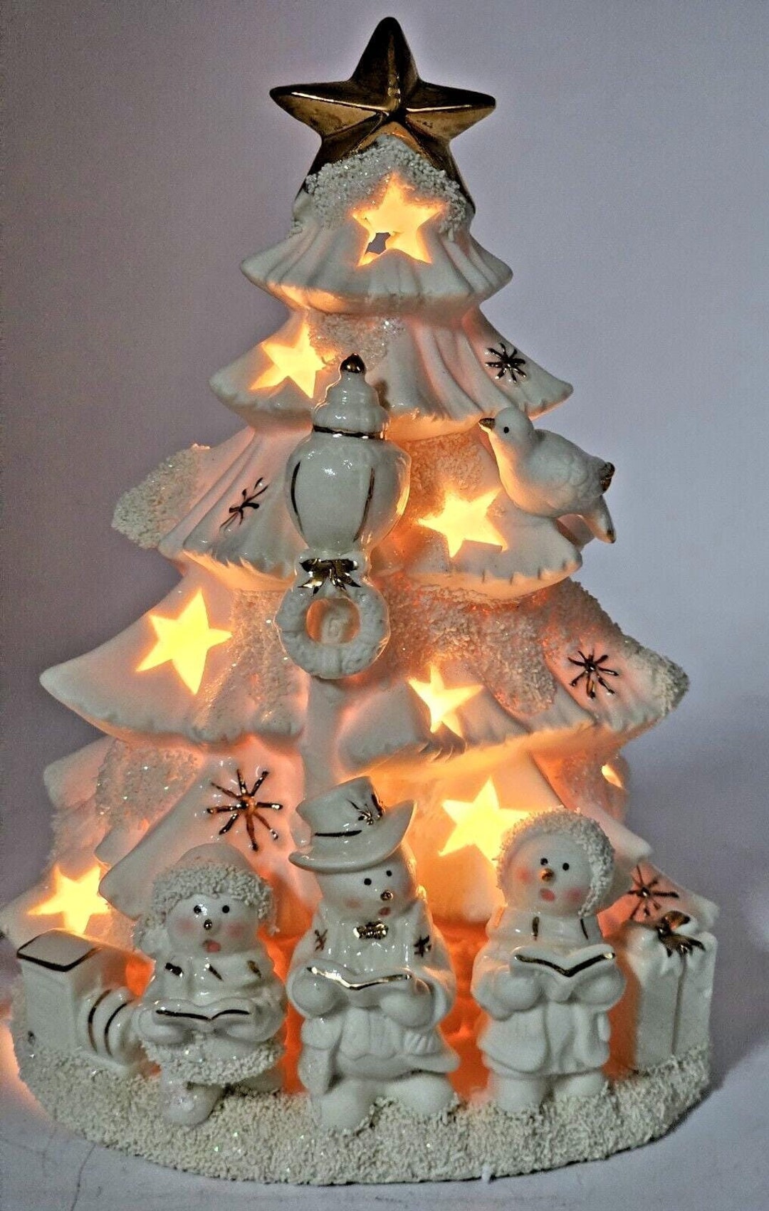 White Christmas Tree Accent Light Snowmen Gold Star Bisque Cutouts JC ...