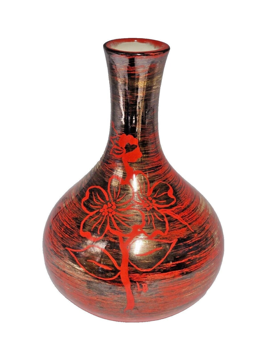 Vintage Artist Signed LB Hand Painted Fire Red Gold W/ Flower Ceramic ...