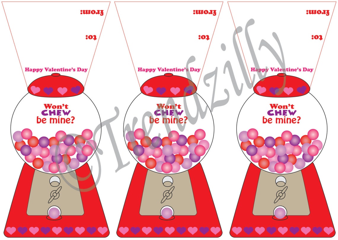 Kids Printable Valentine, Bubble Gum Bag Topper Valentine, Gum Ball ...