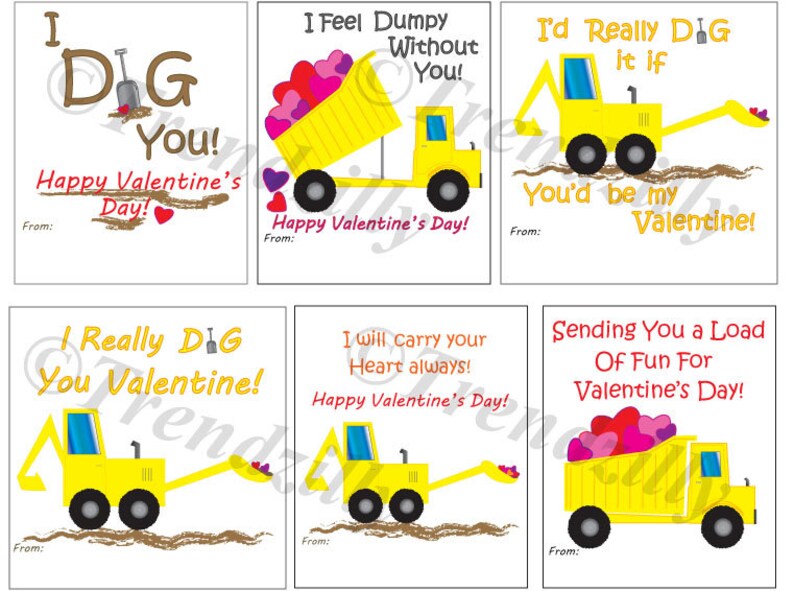 I Dig You! Dump Truck and Backhoe Kids Valentines, Construction ...