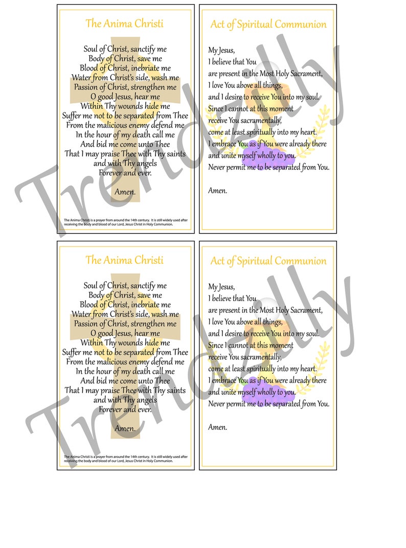 Spiritual Communion & Anima Christi Prayer Cards, Holy Cards, Prayer ...