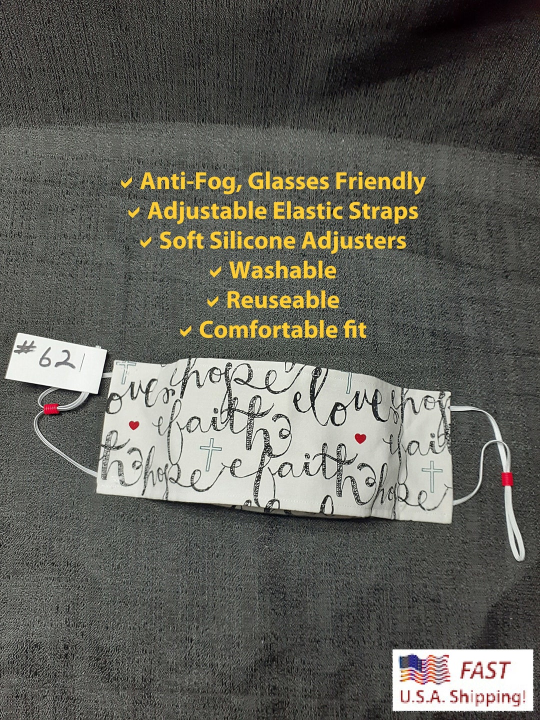 Love Hope Faith Face Mask/covering Adult Size 10"w X 6"h, 3-D, Anti-fog ...