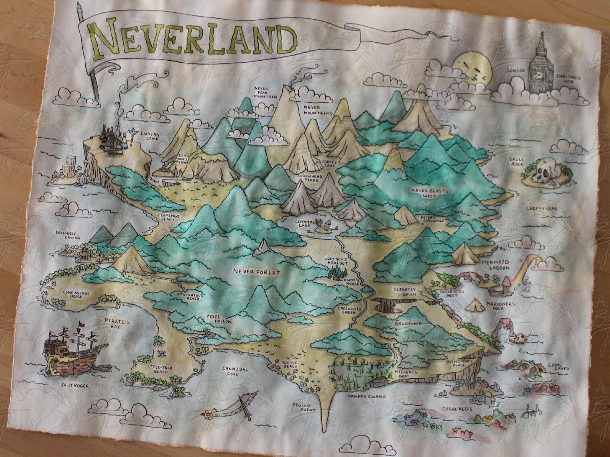 Neverland Magical Map Illustration Peter Pan - Etsy