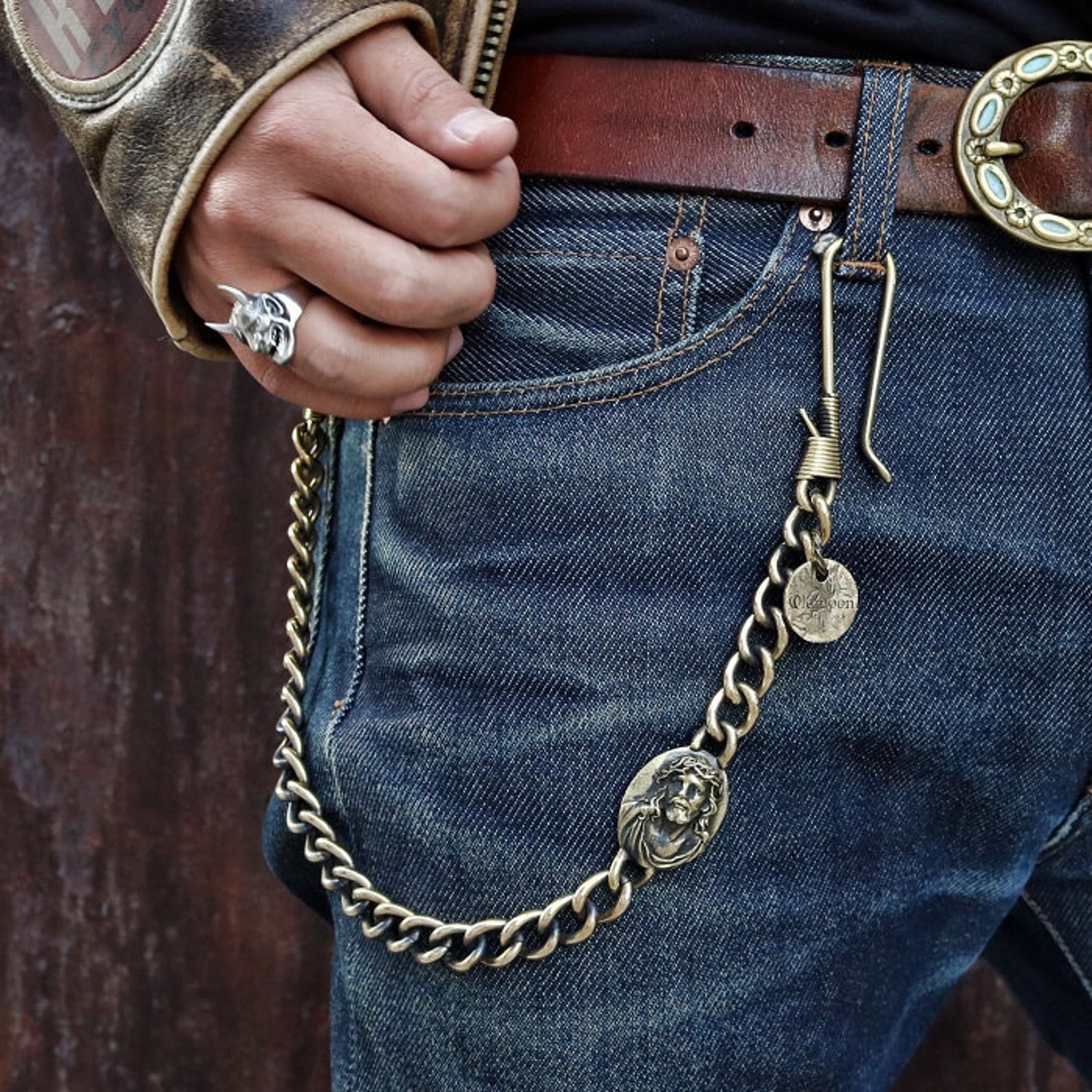 Solid Brass Jesus Wallet Chain / Jesus Key Chain / Oxidized Brass Chain ...