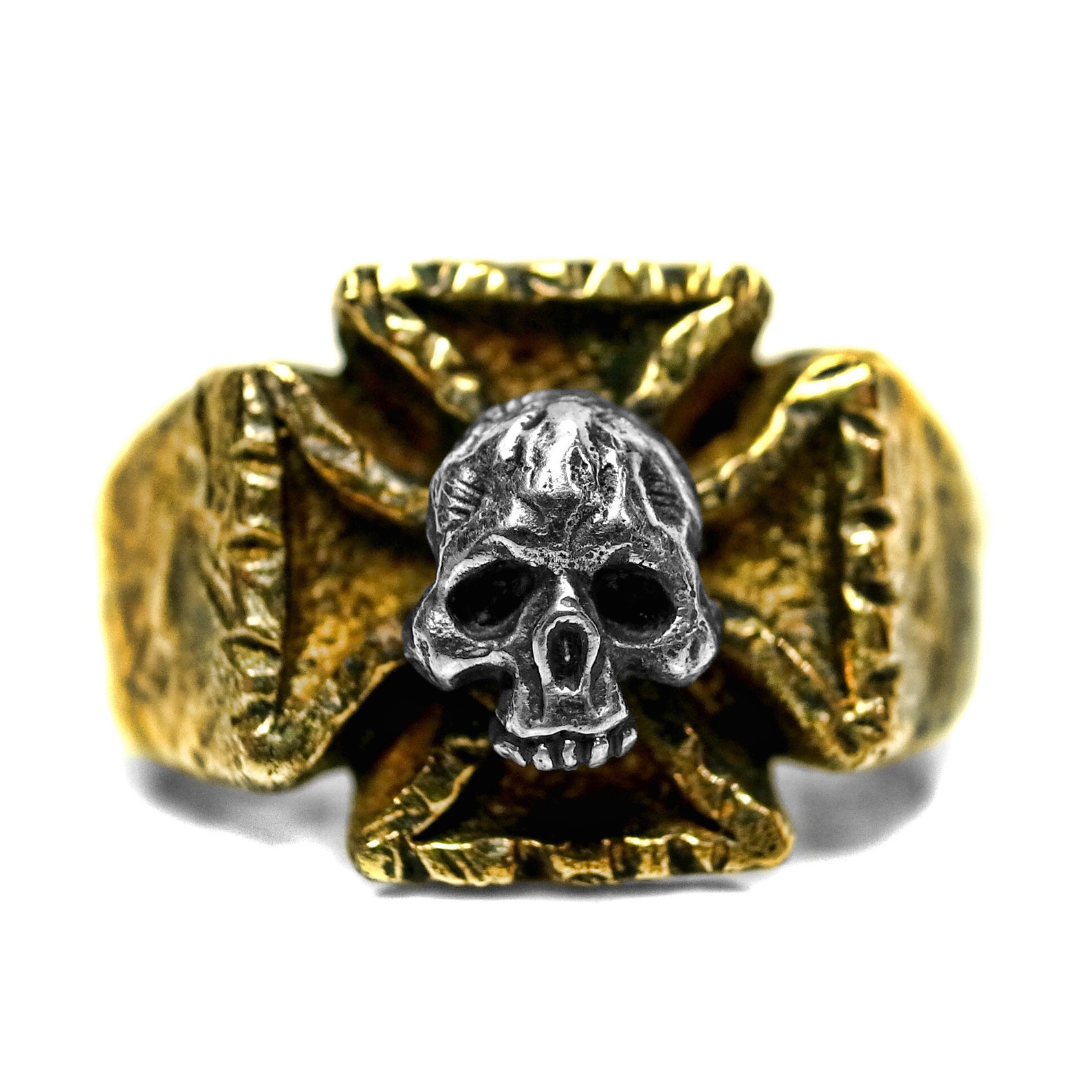 Solid Brass X 925 Sterling Silver Old Patee Cross With Skull Ring ...