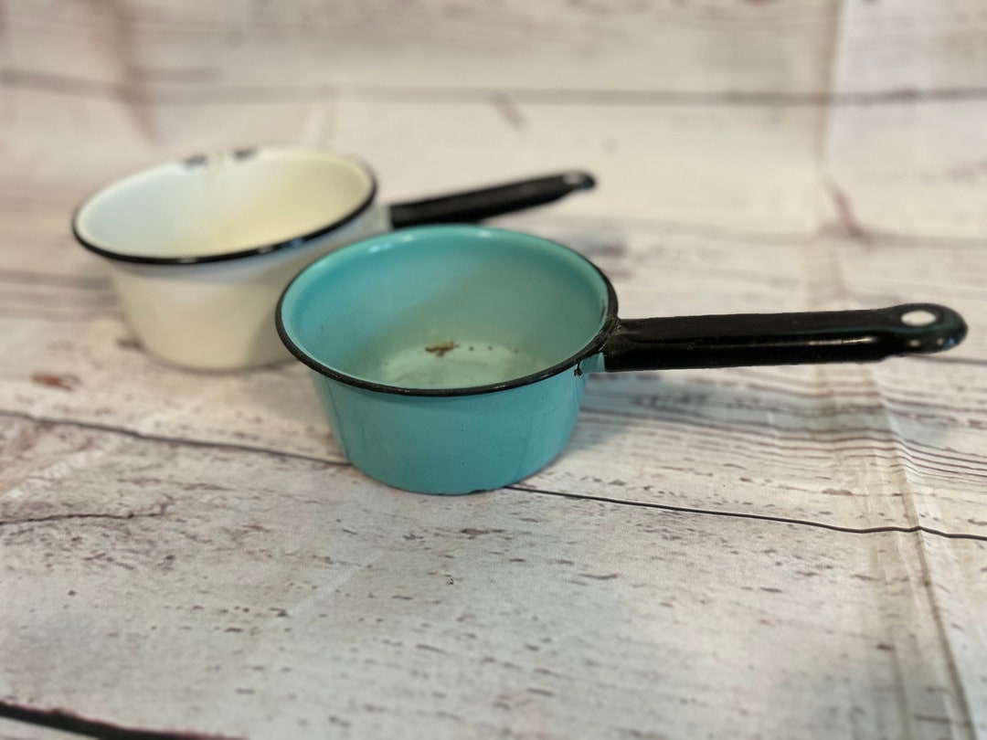 Set of Two Enamel Pans, Robin Egg Blue and White, Vintage - Etsy