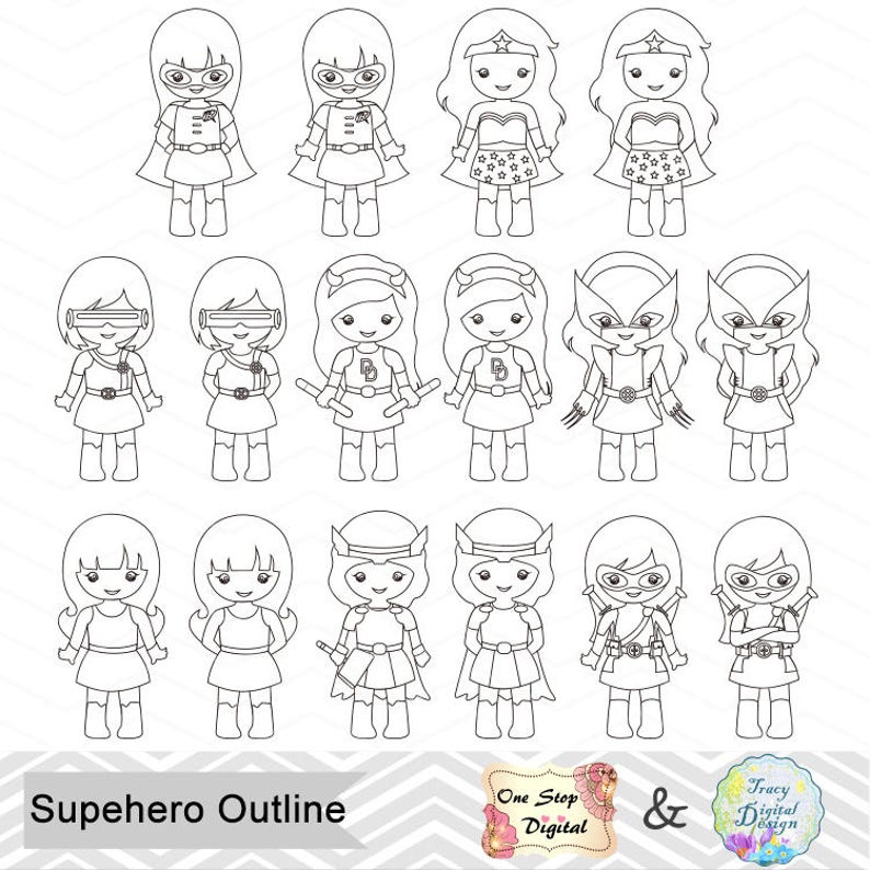 Black White Outline Superhero Boys and Girls Superhero Kids | Etsy