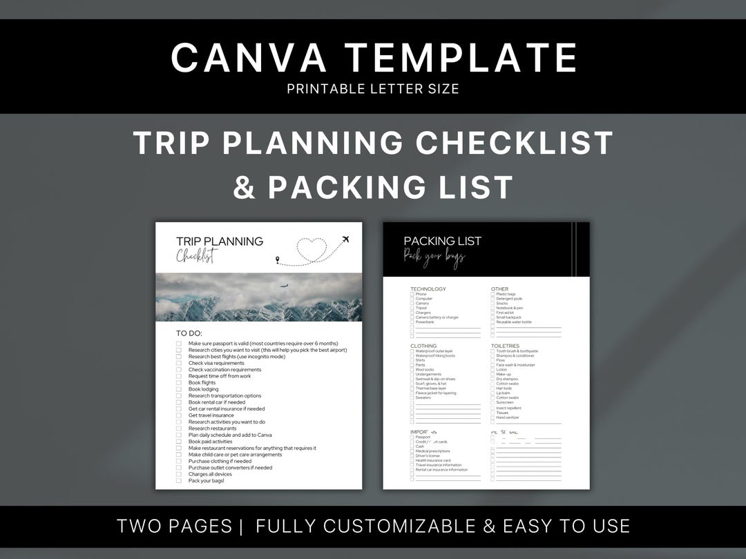Trip Planning Checklist and Packing List Template for Canva ...