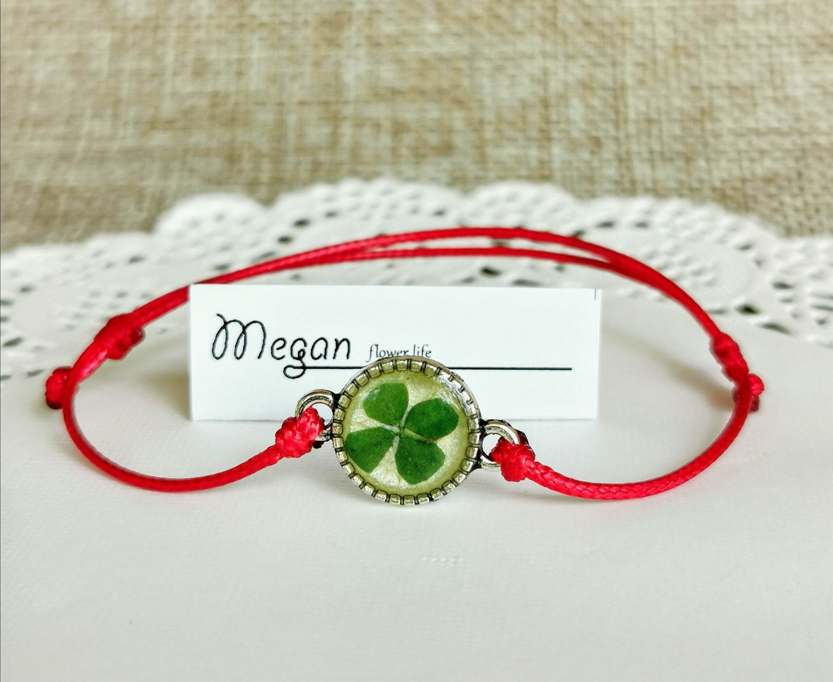 Red String Bracelet, Four Leaf Clover Flower, Lucky Charm Jewelry ...