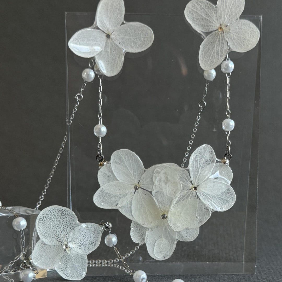 Real Hydrangea Jewelry Set – Handmade Resin Flower, Freshwater Pearl ...