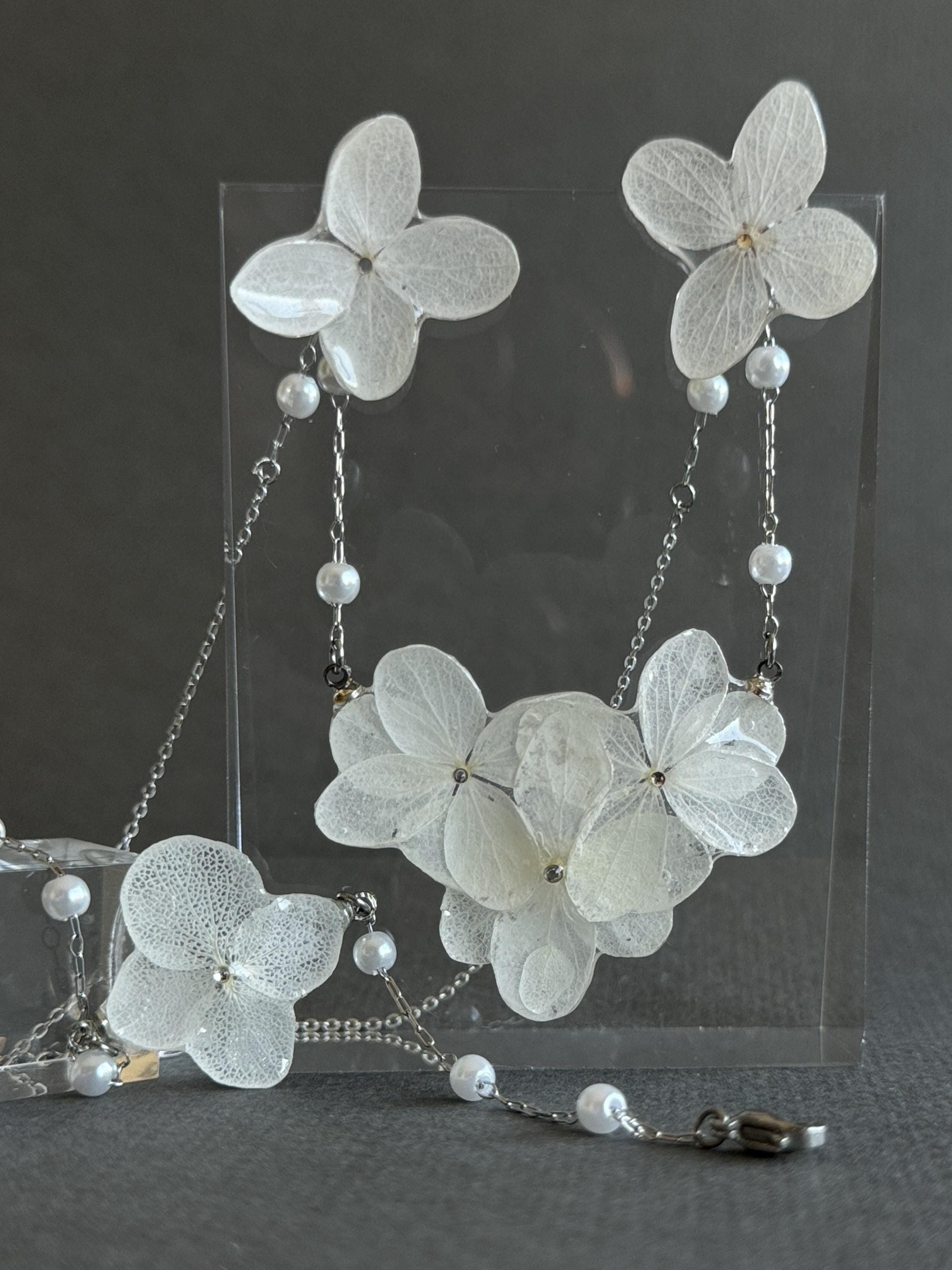 Real Hydrangea Jewelry Set – Handmade Resin Flower, Freshwater Pearl ...