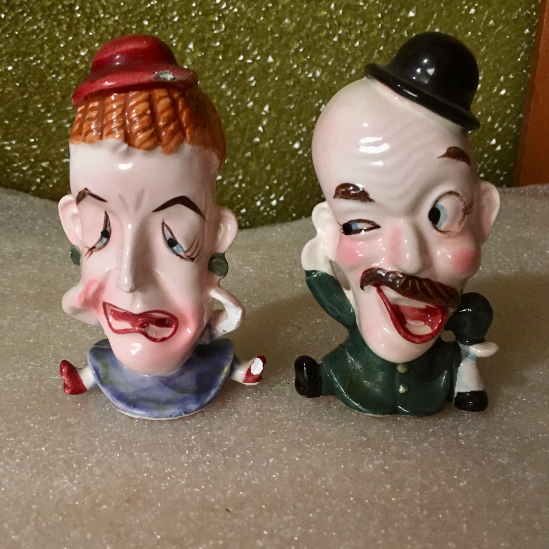 Vintage Hand Painted Rare Weird Long Faced Old Time Couple Salt and ...