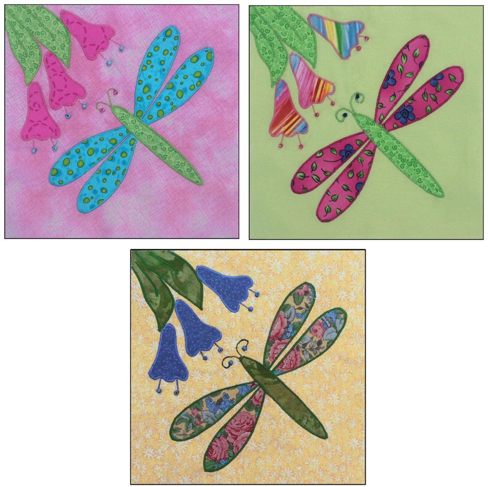 Dragonfly in Flight Applique Quilt Block, Applique Flowers and Leaves ...