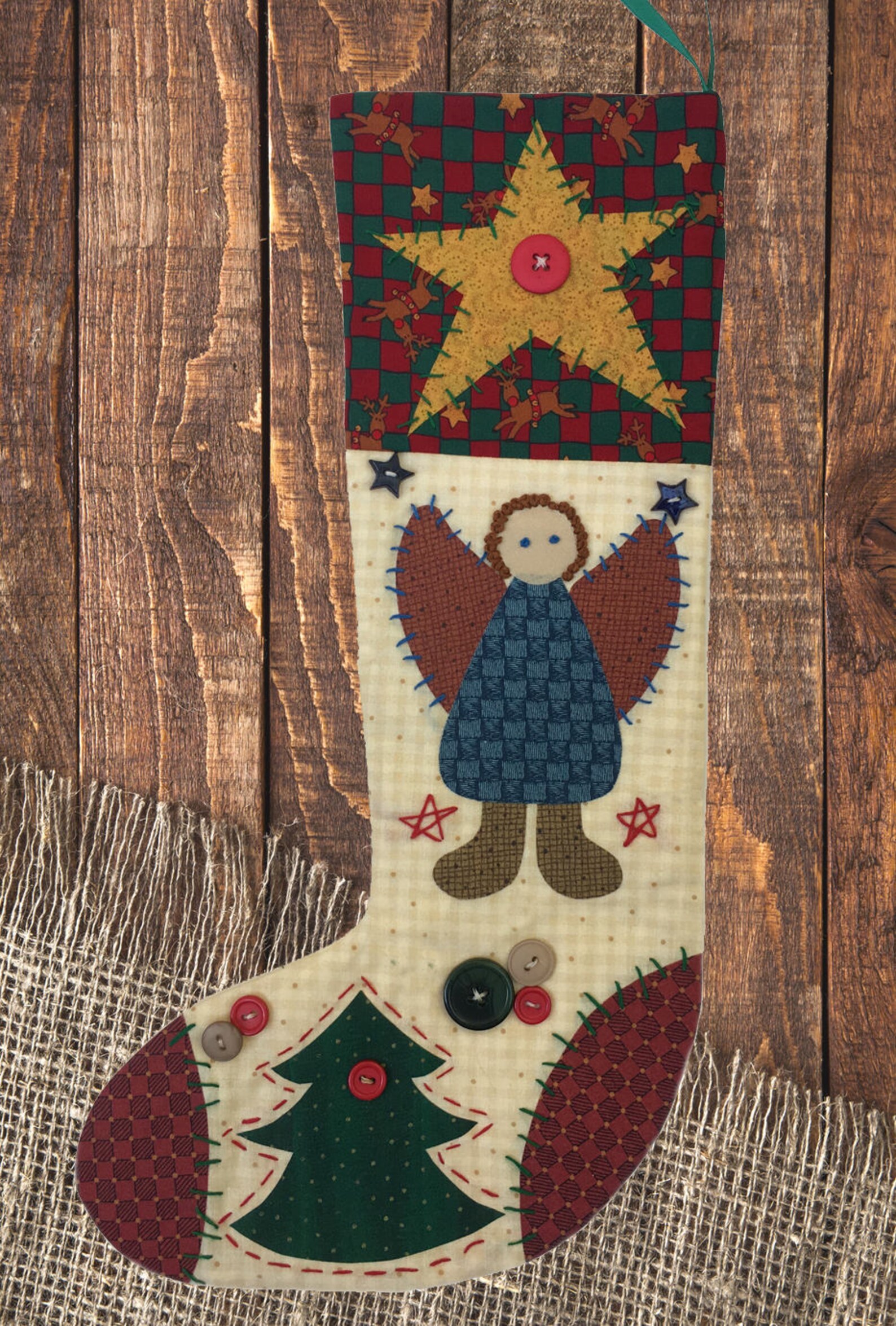 Handmade Christmas Stocking With Angel, Star, Tree Appliqués, Button ...
