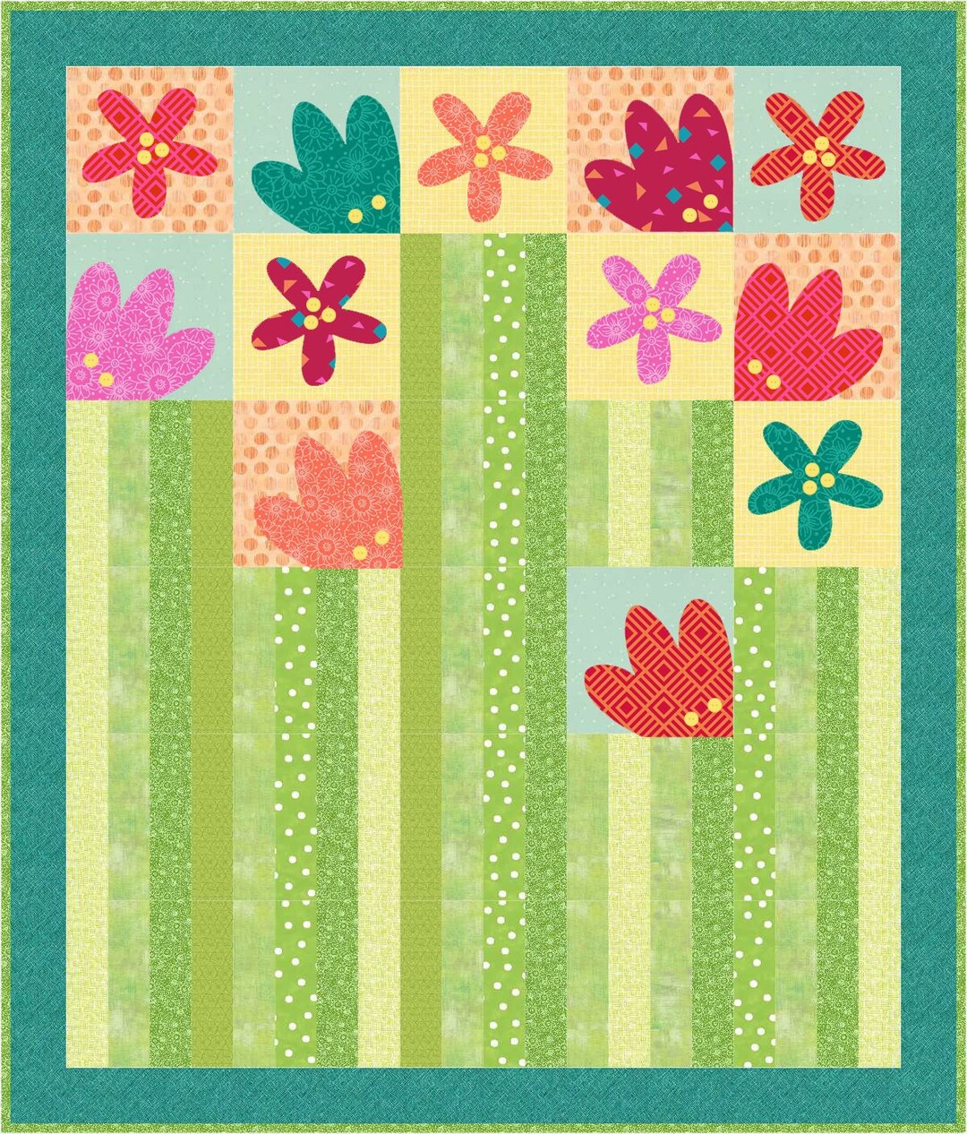 Fantasy Flowers Quilt Pattern, Applique, Pieced Strips, Button ...