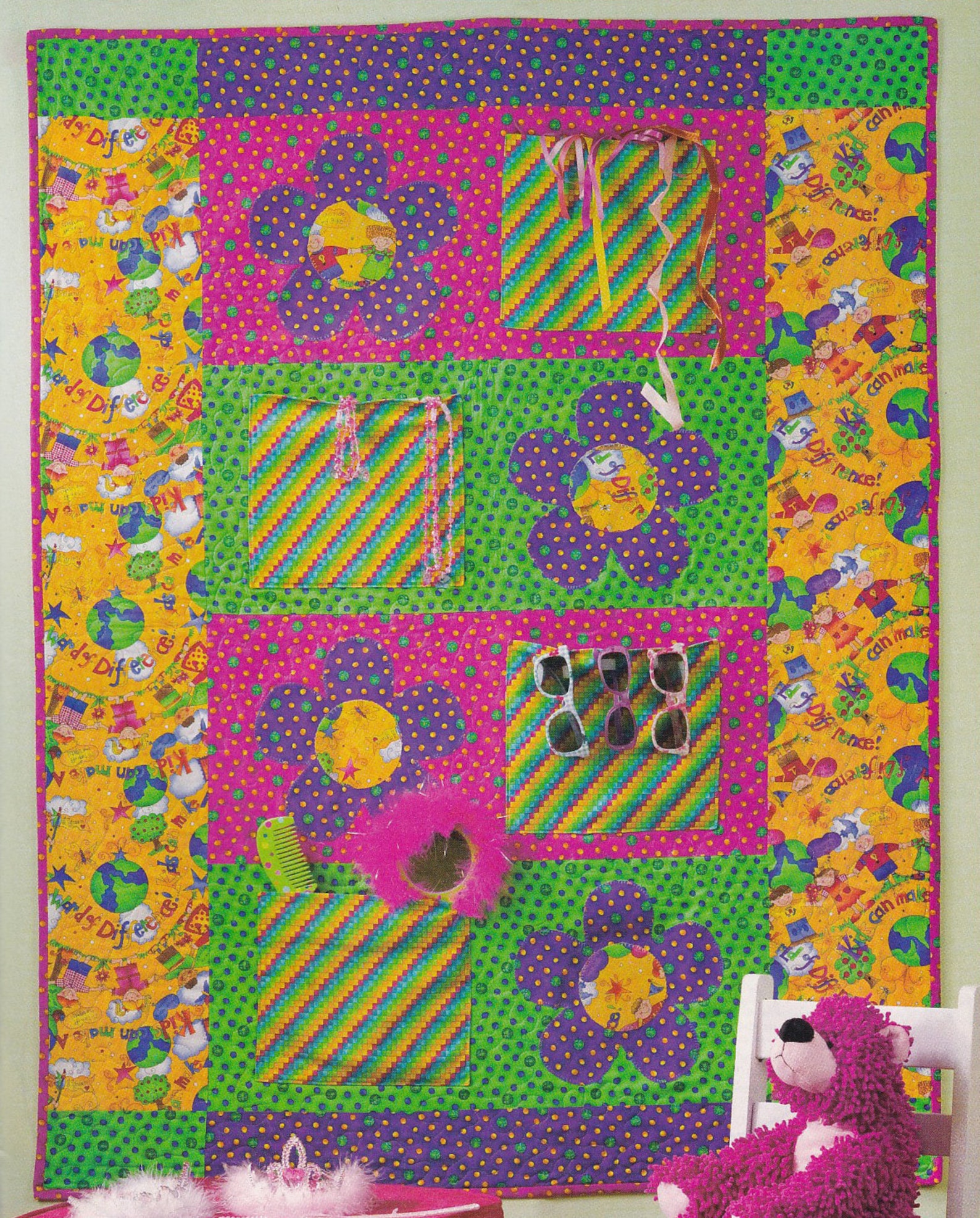 Kids Patchwork Pocket Quilt With Appliqué Daisies Bright Yellow Green ...