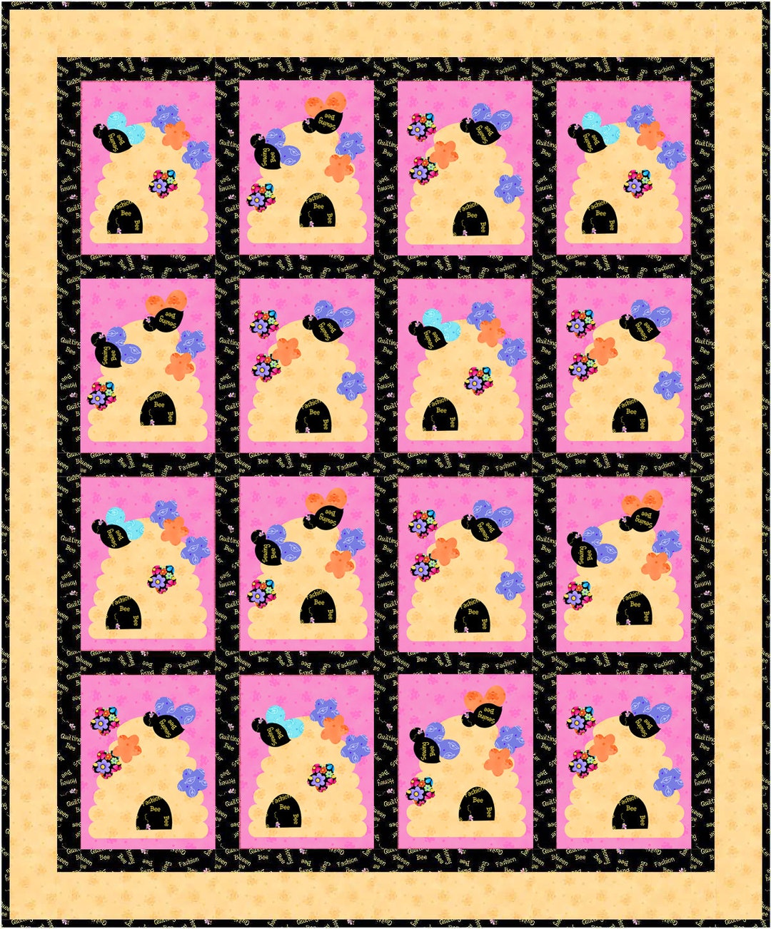 Bee Hive Quilt Pattern, Applique Bees Hive Flowers With Pieced Blocks ...