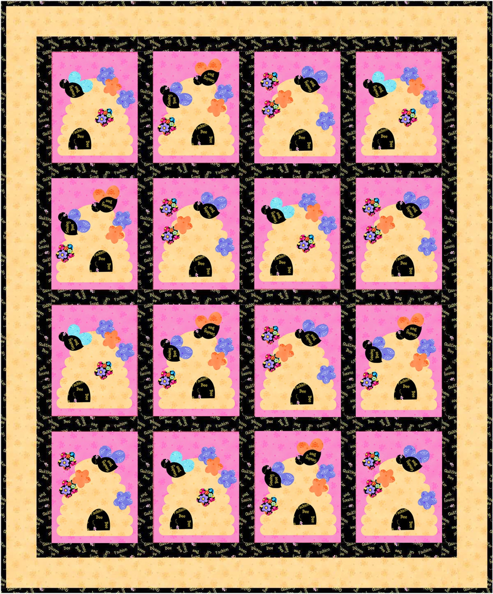 Bee Hive Quilt Pattern, Applique Bees Hive Flowers With Pieced Blocks ...