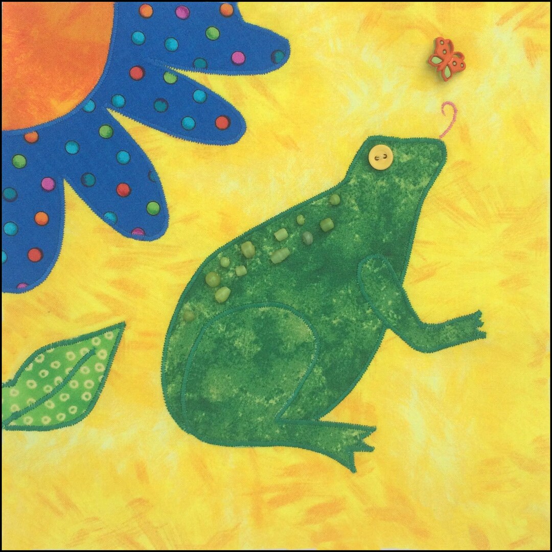 Garden Frog Applique Quilt Block Pattern, Leaf, Sun, Button and Beads ...