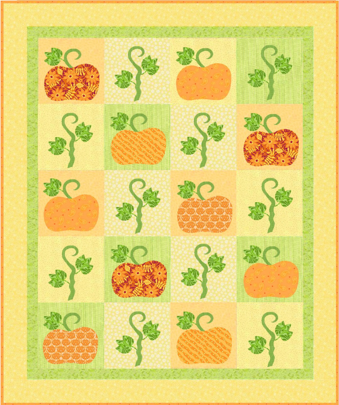 Pumpkin Time Pieced Quilt Pattern, Applique Pumpkins, Vines and Leaves ...