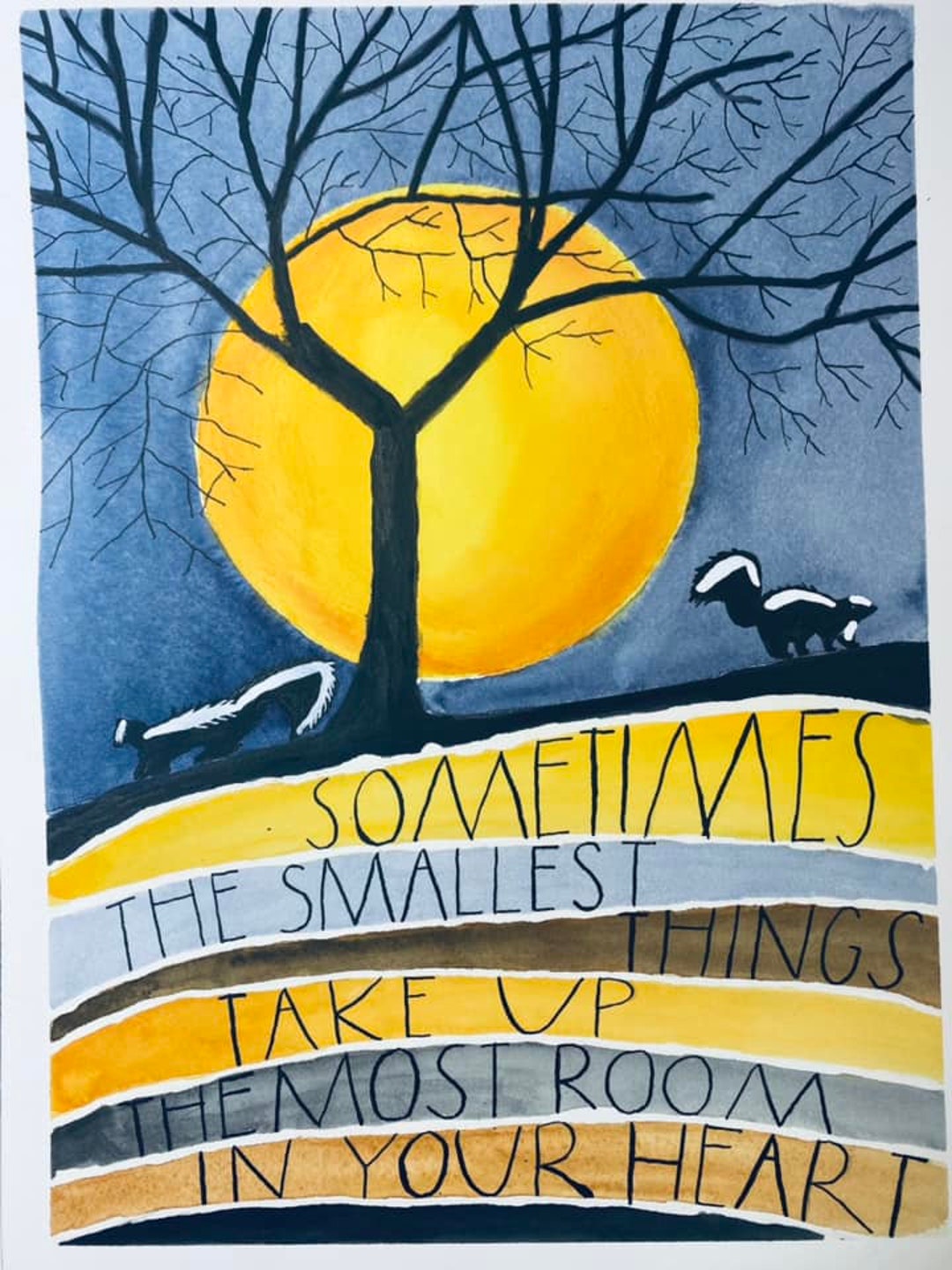 Watercolor Sunset With Tree and Skunks on Arches Hot Press Paper 12 X ...