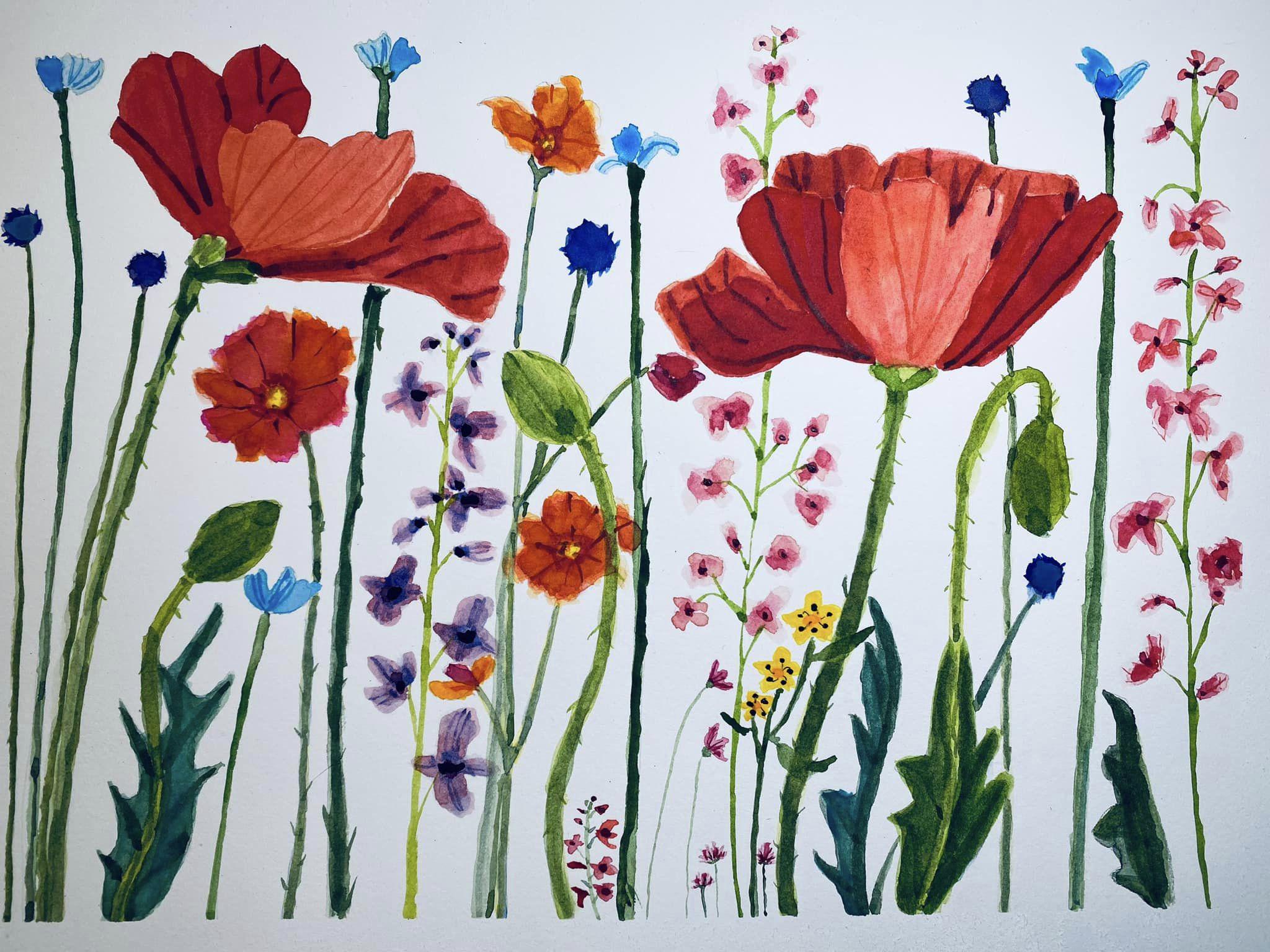 Watercolor Painting of Poppy Doodle Flowers Painted on Arches Hot Press ...