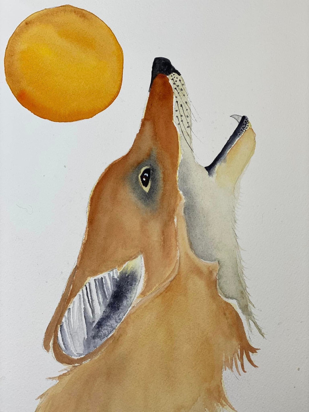 Watercolor Howling Fox With Sun Painted on Arches Cold Press Paper 9 X ...