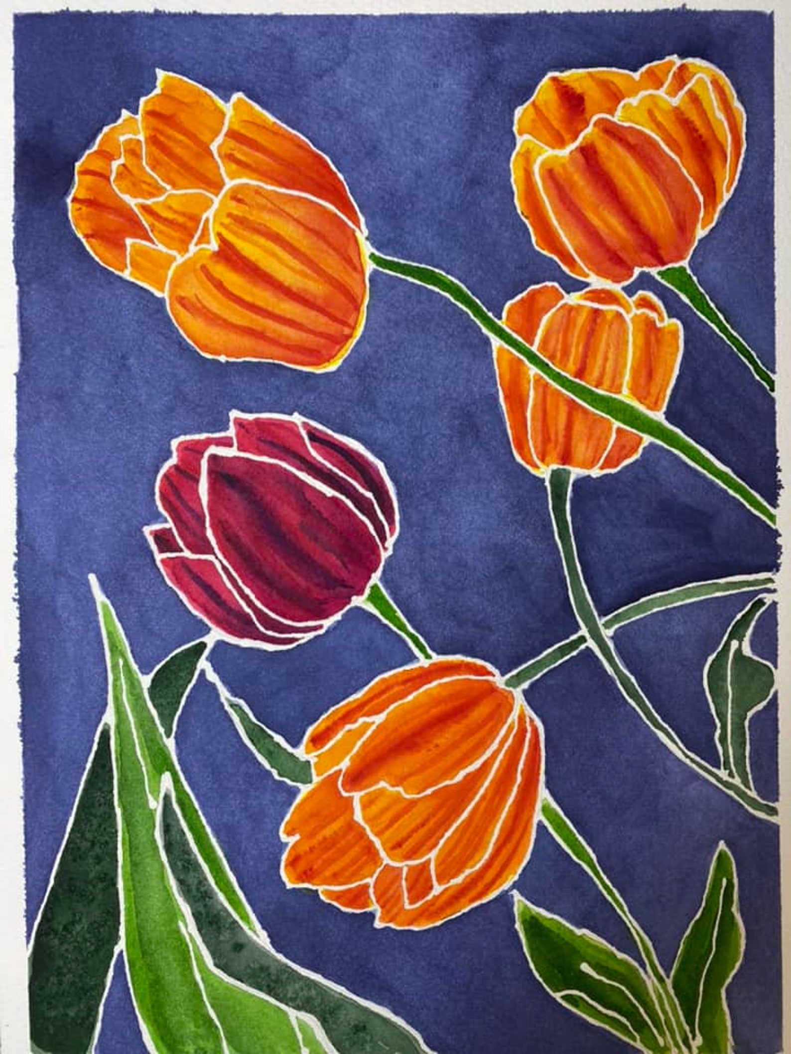 Watercolor Batik-style Tulips on Saunders Waterford Cold Press Paper 9 ...