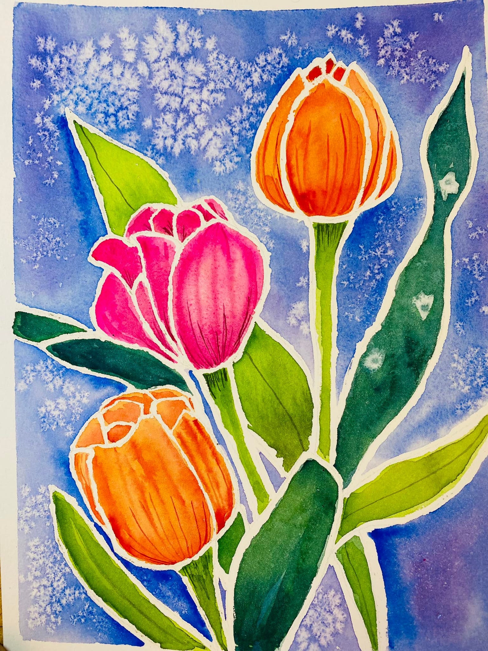 Watercolor Batik Tulips on Arches Cold Press Paper, Size 9 X 12 ...